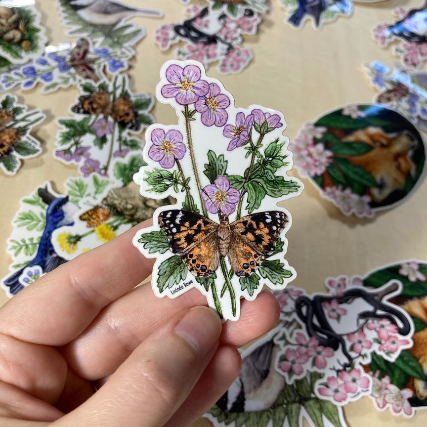 Vinyl Sticker - Painted Lady Butterfly On Wild Geranium — Nature Niche
